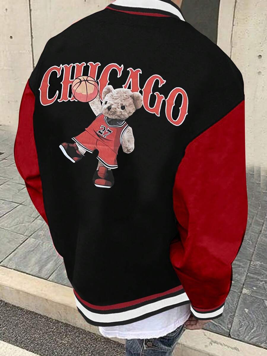 Manfinity Roghcode Men's Bear Print Baseball Collar Jacket | SHEIN USA