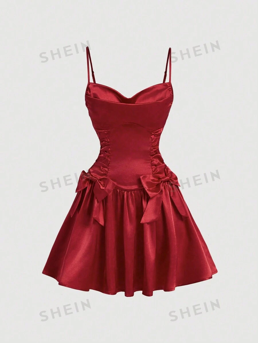 SHEIN MOD Women's Short Red Dress With V-Neckline, Bow Decoration, And ...