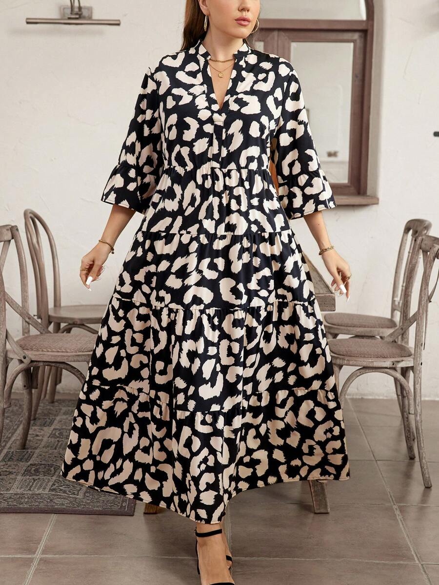 SHEIN LUNE Plus Size Black Leopard Print A-Line Midi Dress | SHEIN USA