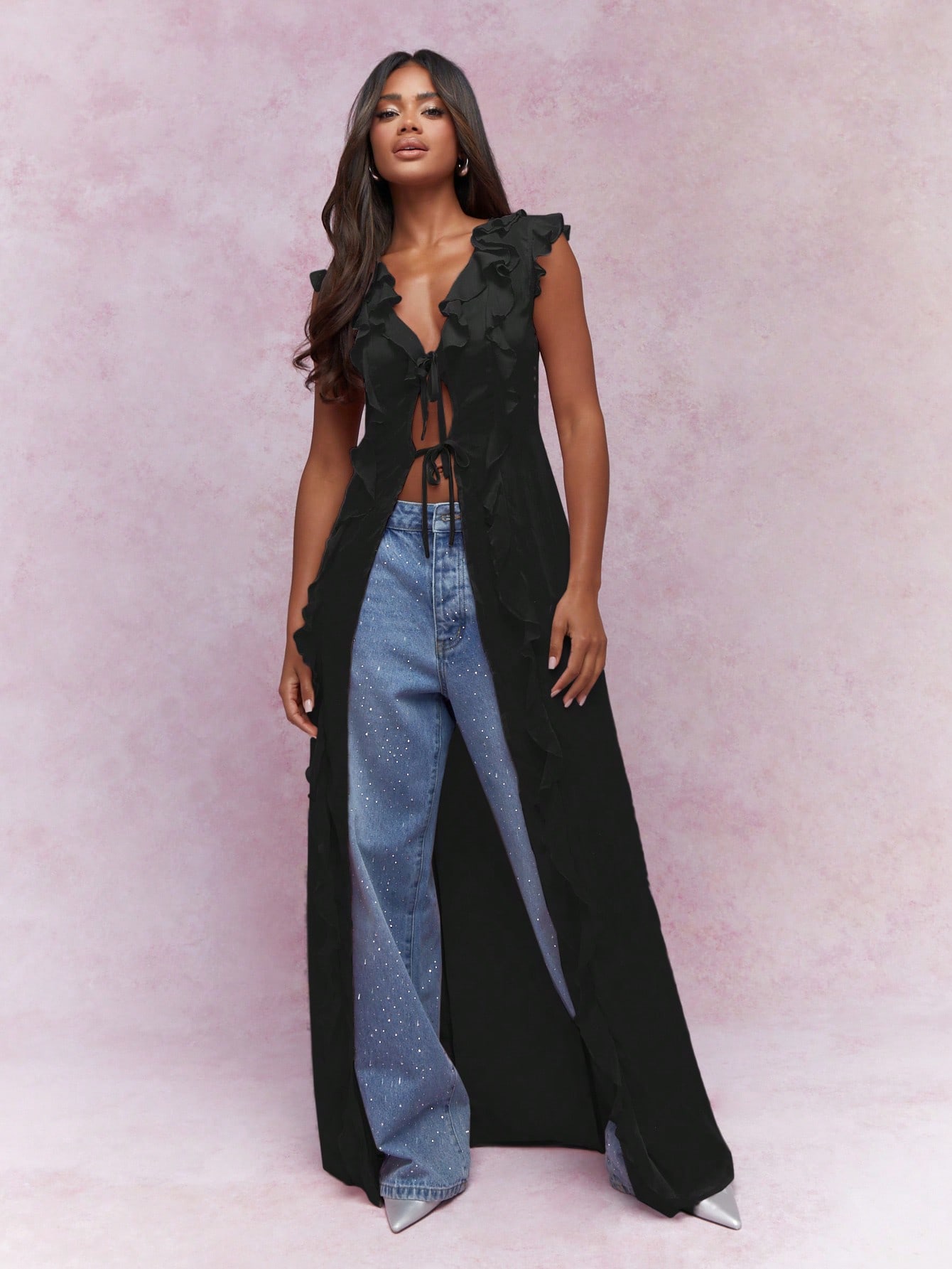 Boho Ruffle Detail Open Front Tie Detail Sleeveless Long Jacket Dress ...