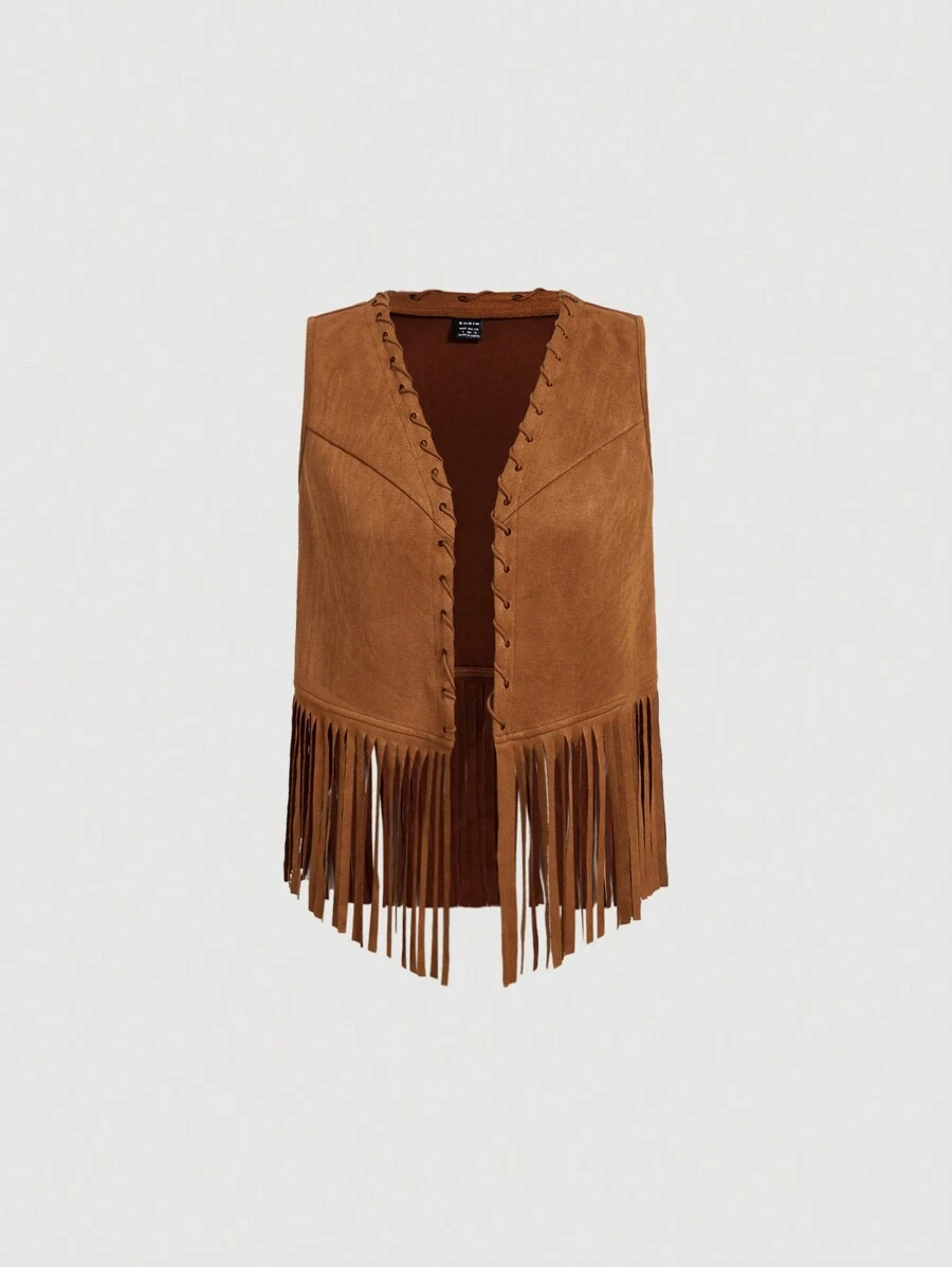 SHEIN MOD Brown Retro Bohemian Style Fringe Decorated Top, Vest Jacket ...