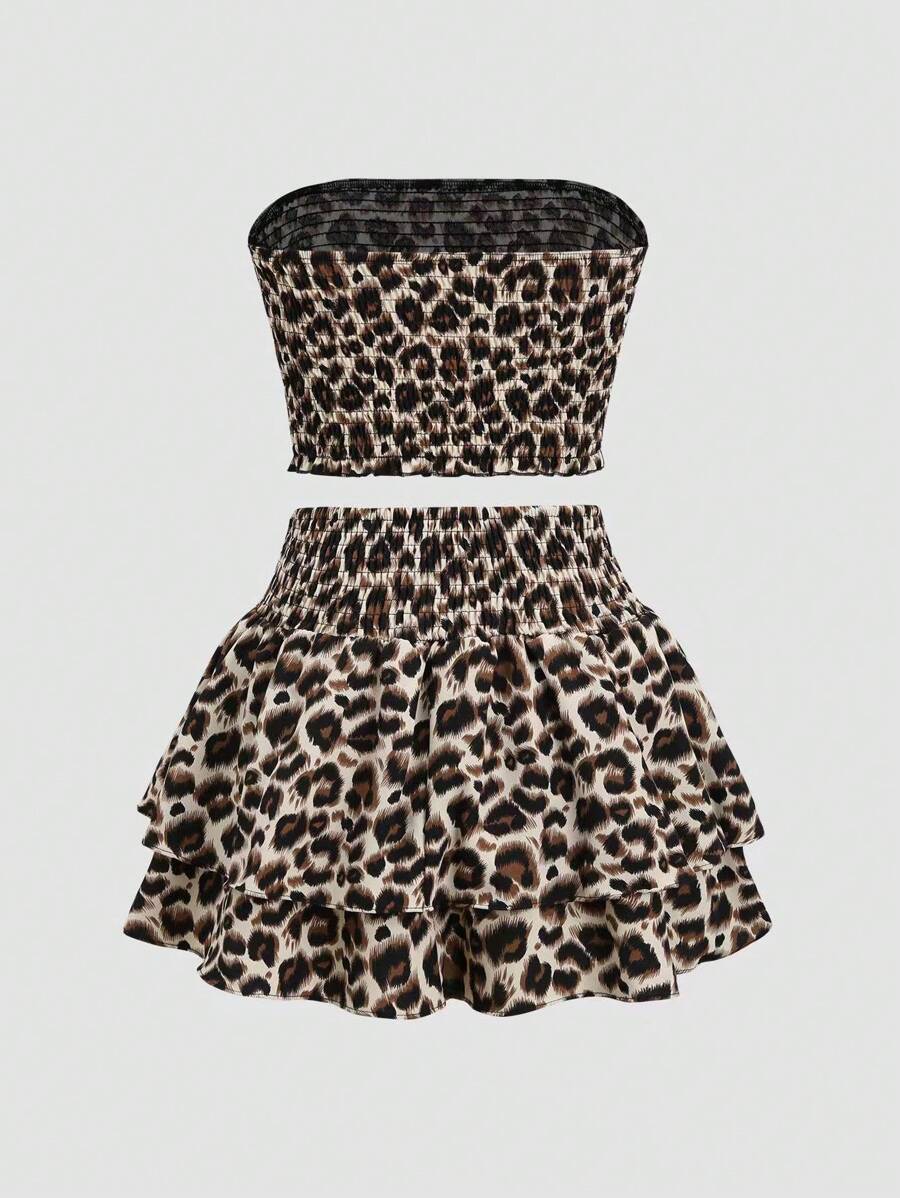 SHEIN Sweetro Leopard Print Embroidered Tube Top And Layered Skirt ...