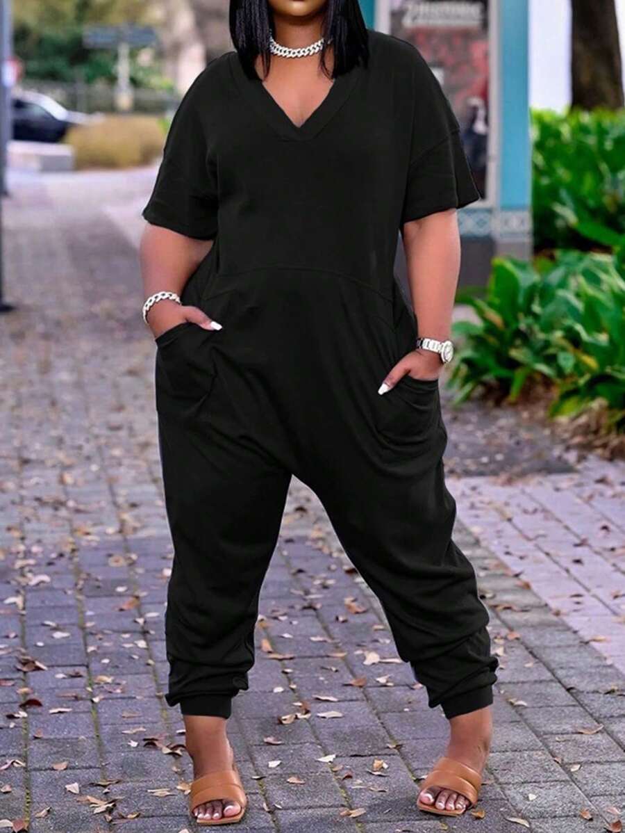 SHEIN Plus Size Women's Solid Color Simple Casual Short Sleeve Jumpsuit ...