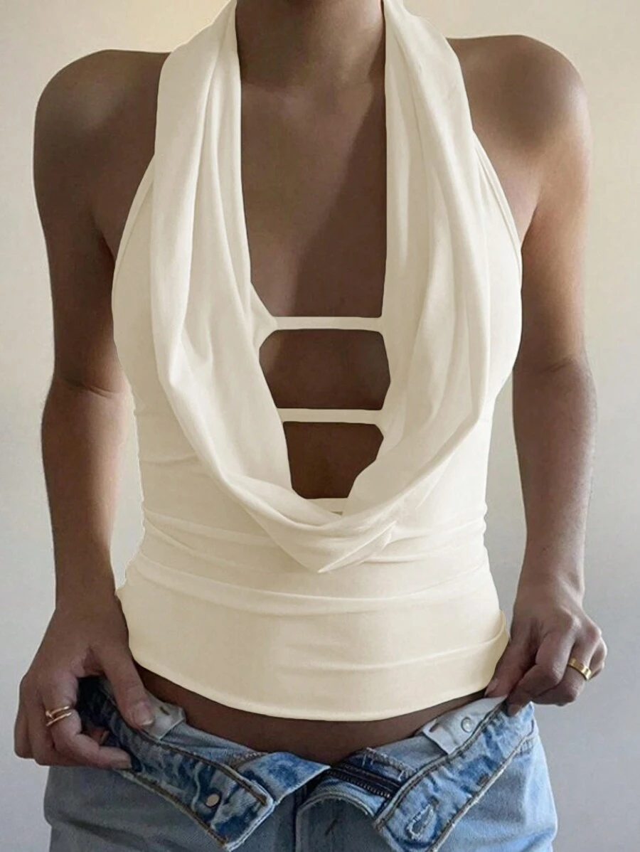 INAWLY 1pc Women's Solid Color Draped Neck Backless Camisole Top ...