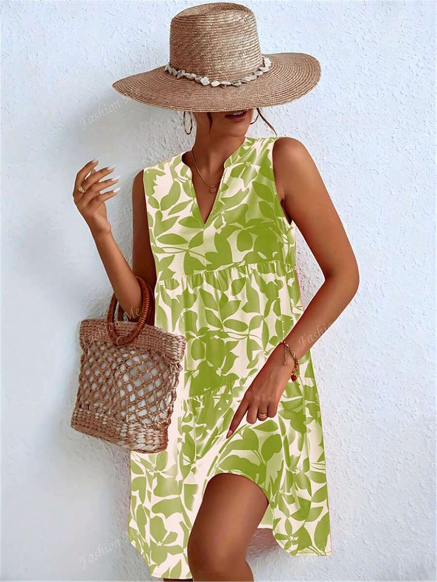 V-Neck Sleeveless Straight A-Line Print Dress | SHEIN UK