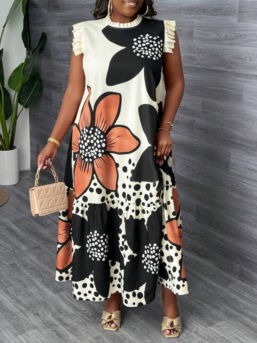 Slaydiva Plus Size Floral Print Sleeveless Ruffle Patchwork Dress For ...