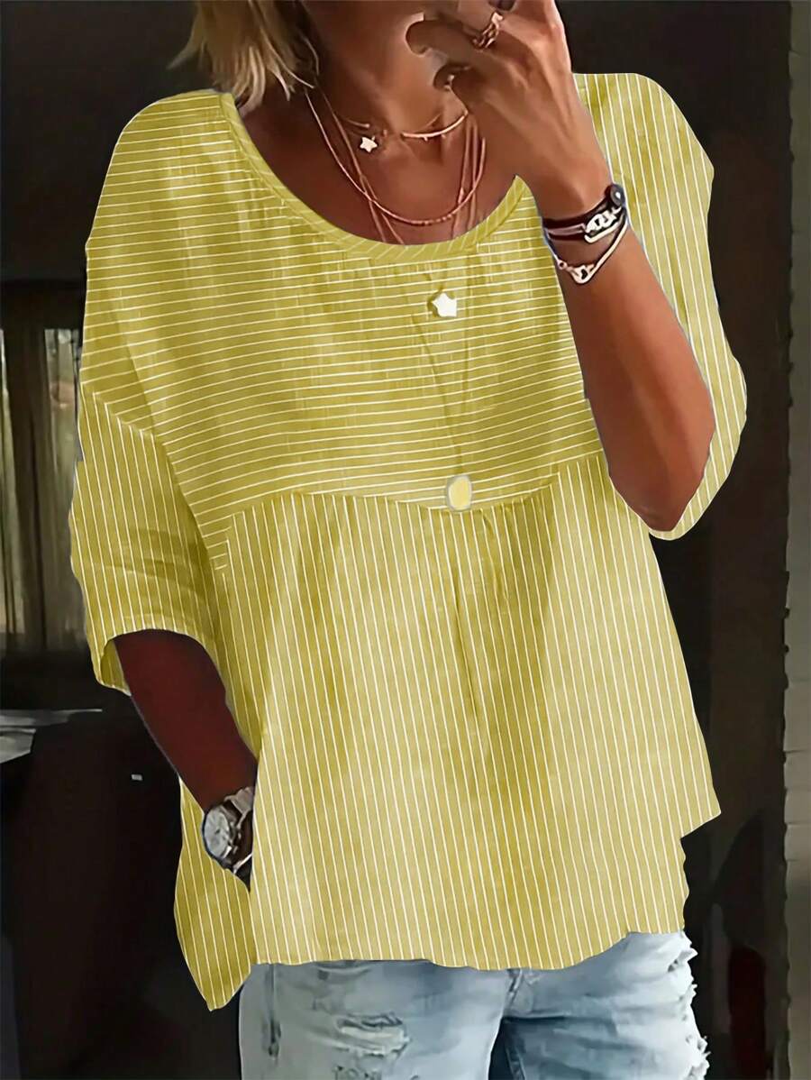 SHEIN LUNE Women Short Front Long Back Loose Striped Casual Shirt For ...