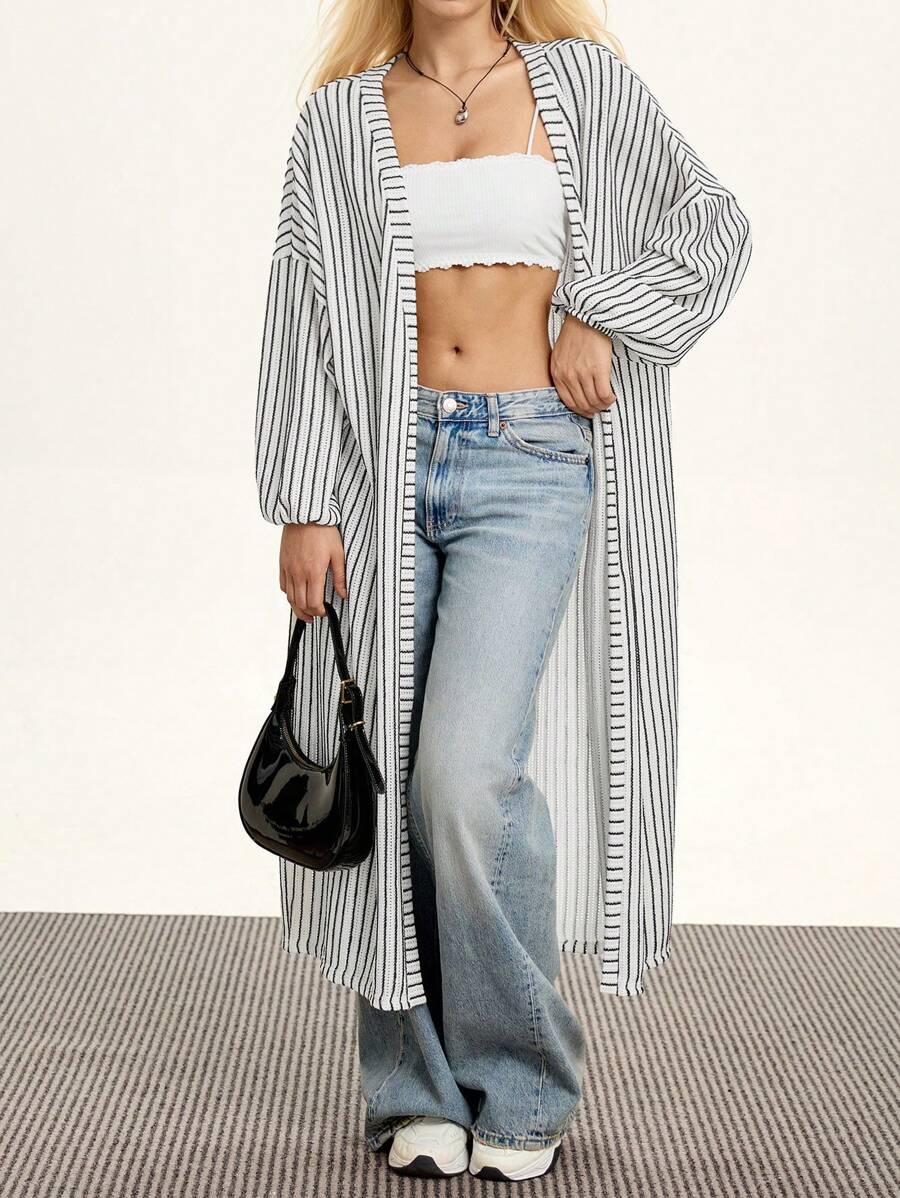 SHEIN EZwear Striped Print Drop Shoulder Open Front Long Coat For ...