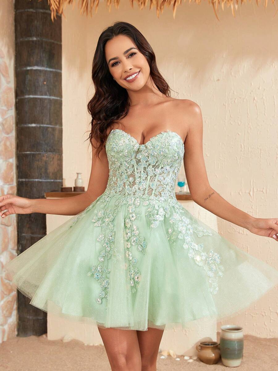Tulle Tiered Homecoming Dress 2024 Short Sparkly Lace Corset Layered ...