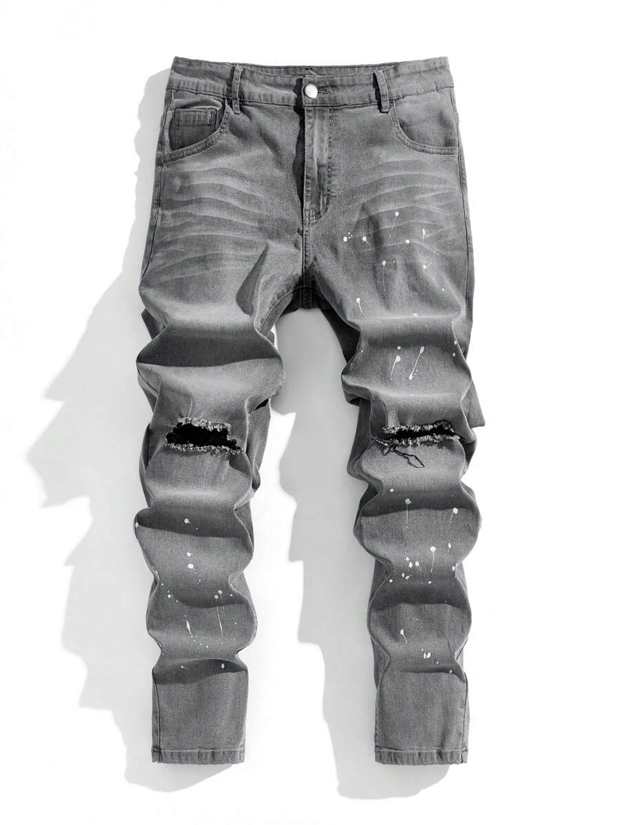 Manfinity Homme Plus Size Men's Light Grey Distressed Ripped Skinny ...