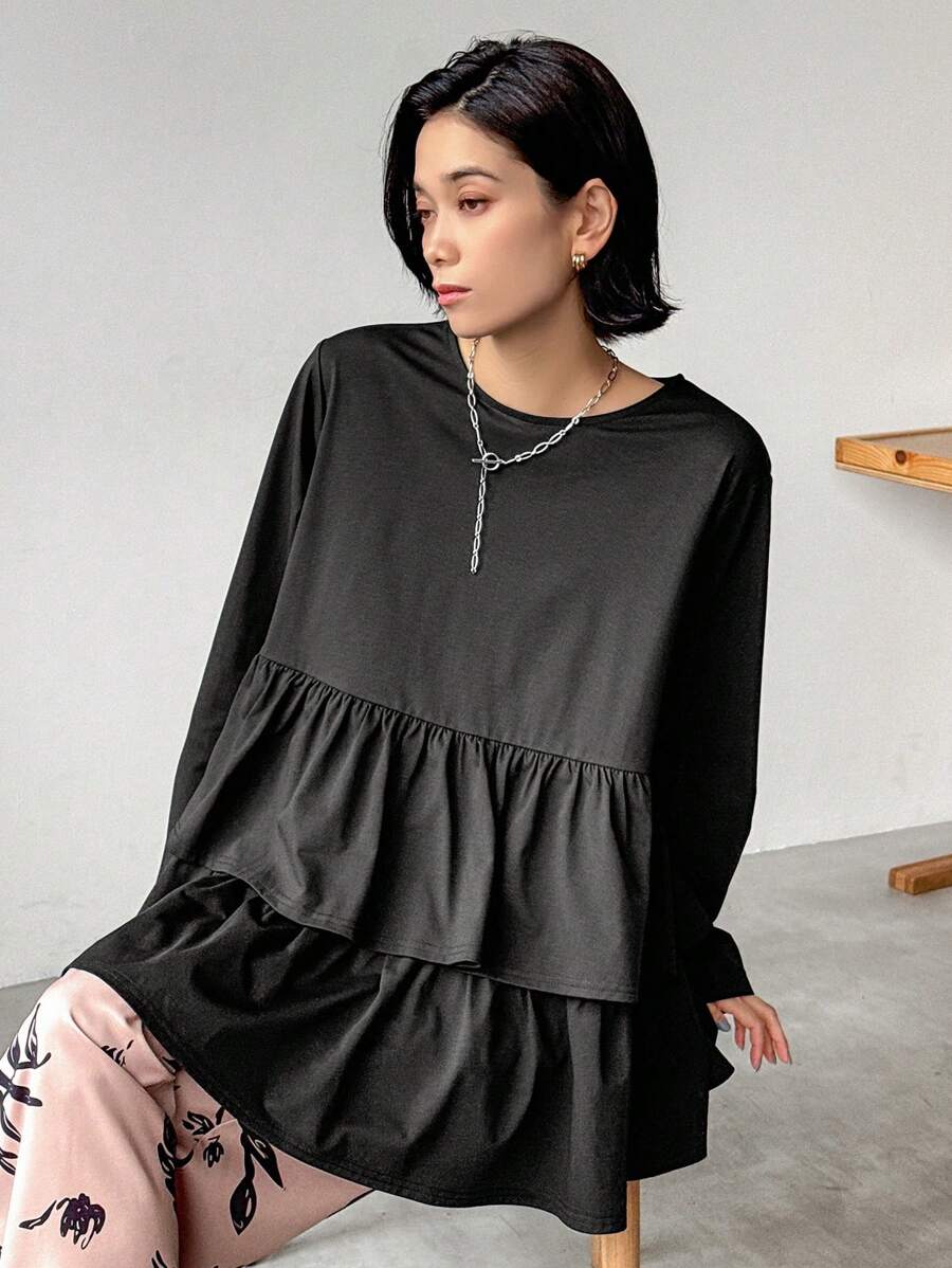 FRIFUL Women's Oversized Crew Neck Layered Ruffle Hem T-Shirt, Spring ...