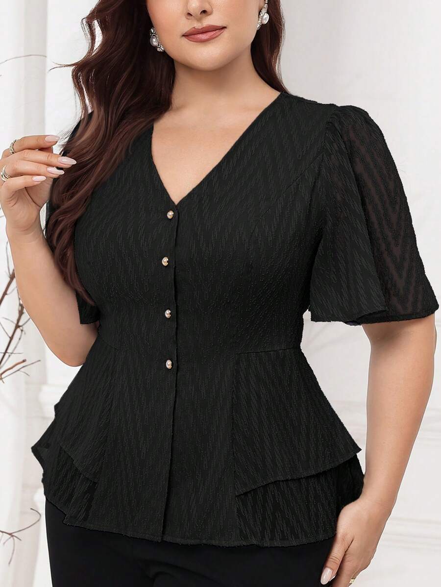 Modelyn Plus Size Women's Summer Solid Color Single-Breasted Ruffle Sleeve Elegant Blouse ...