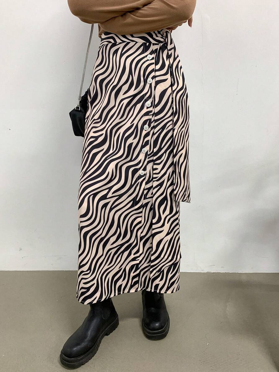 FRIFUL Women Zebra Print Waisted Single Breasted Side Slit Skirt | SHEIN