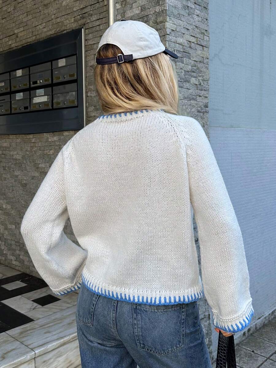 Forever 21 Fall & Winter Women White Bule Knit/Crew Neck Sweater/Long ...