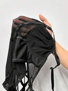 Floral Lace Mesh Insert Garter Underwire Teddy Bodysuit & Stockings ...