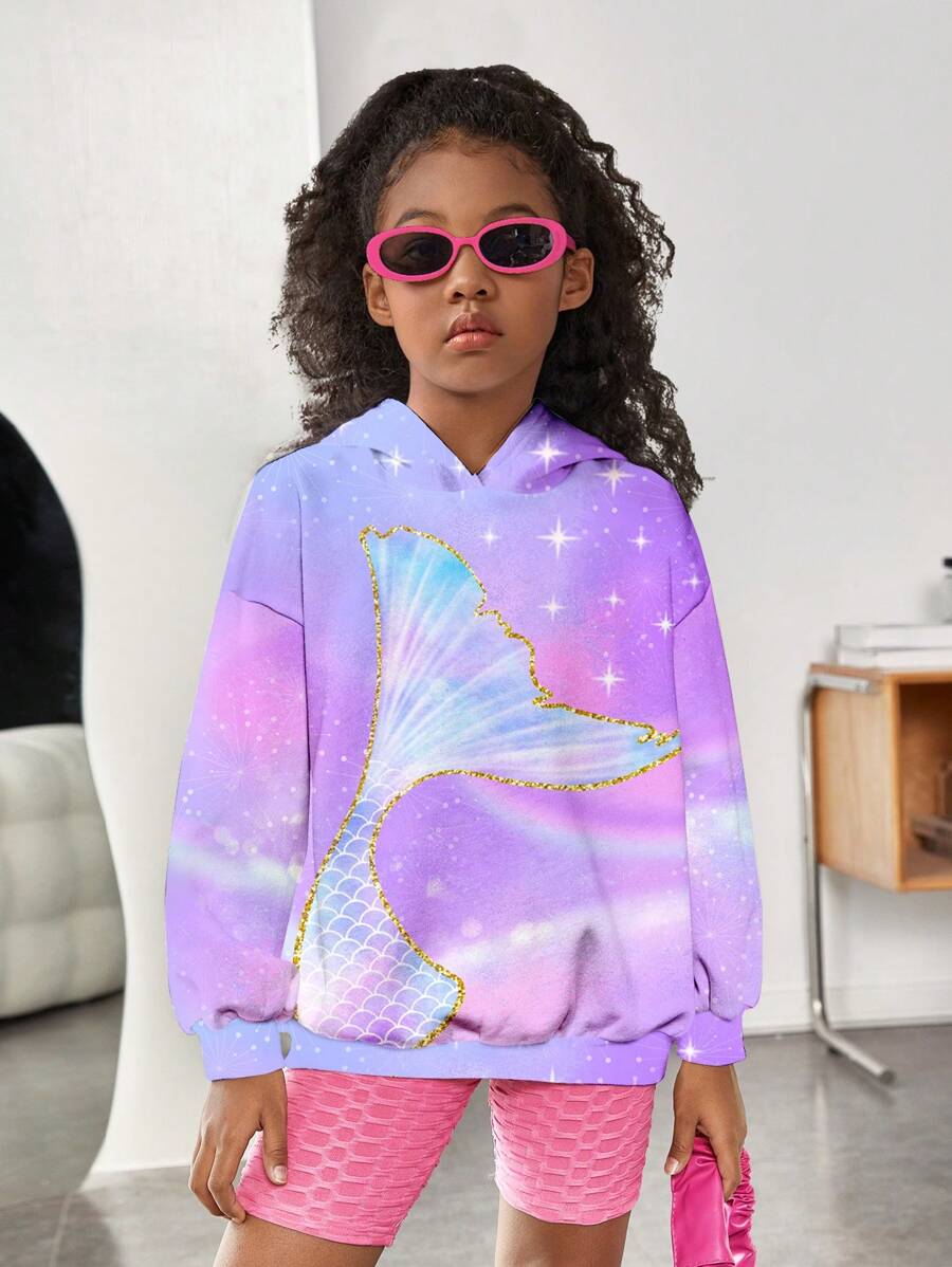 SHEIN Tween Girls Casual Mermaid Tail Full Print Long Sleeve Hooded ...