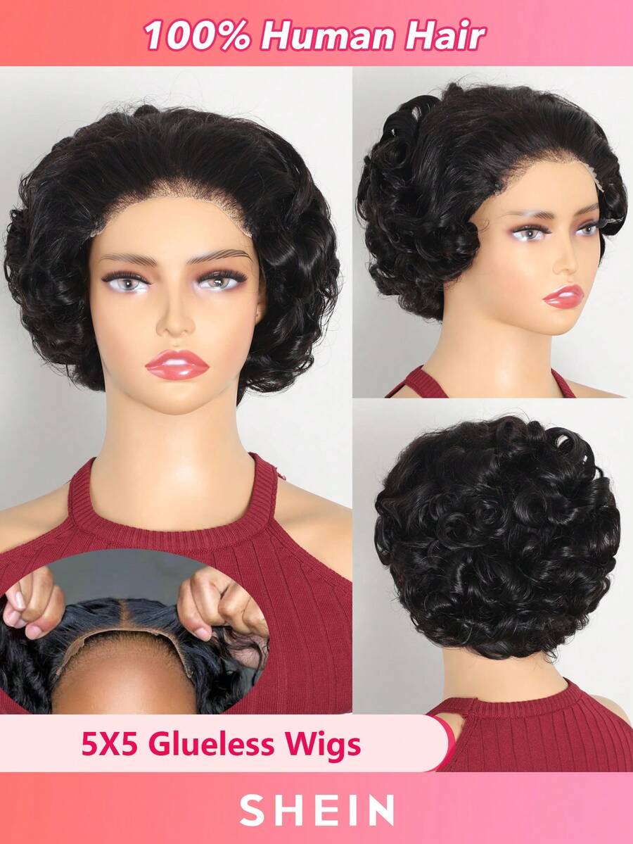 Peluca con cabello humano de densidad del 180% y corte pixie rizado ...