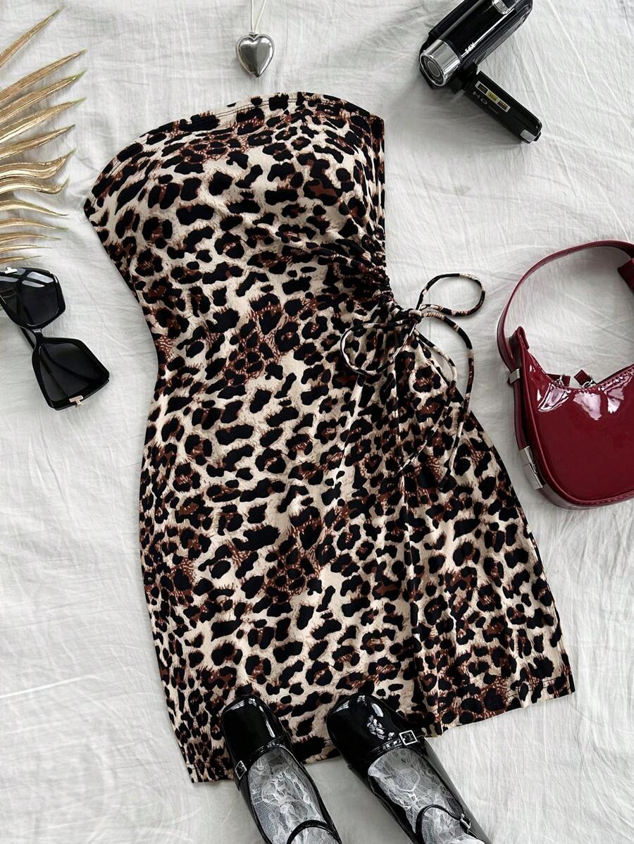 Soleia Sexy Strapless Hollow Strap Leopard Print Bodycon Dress For ...