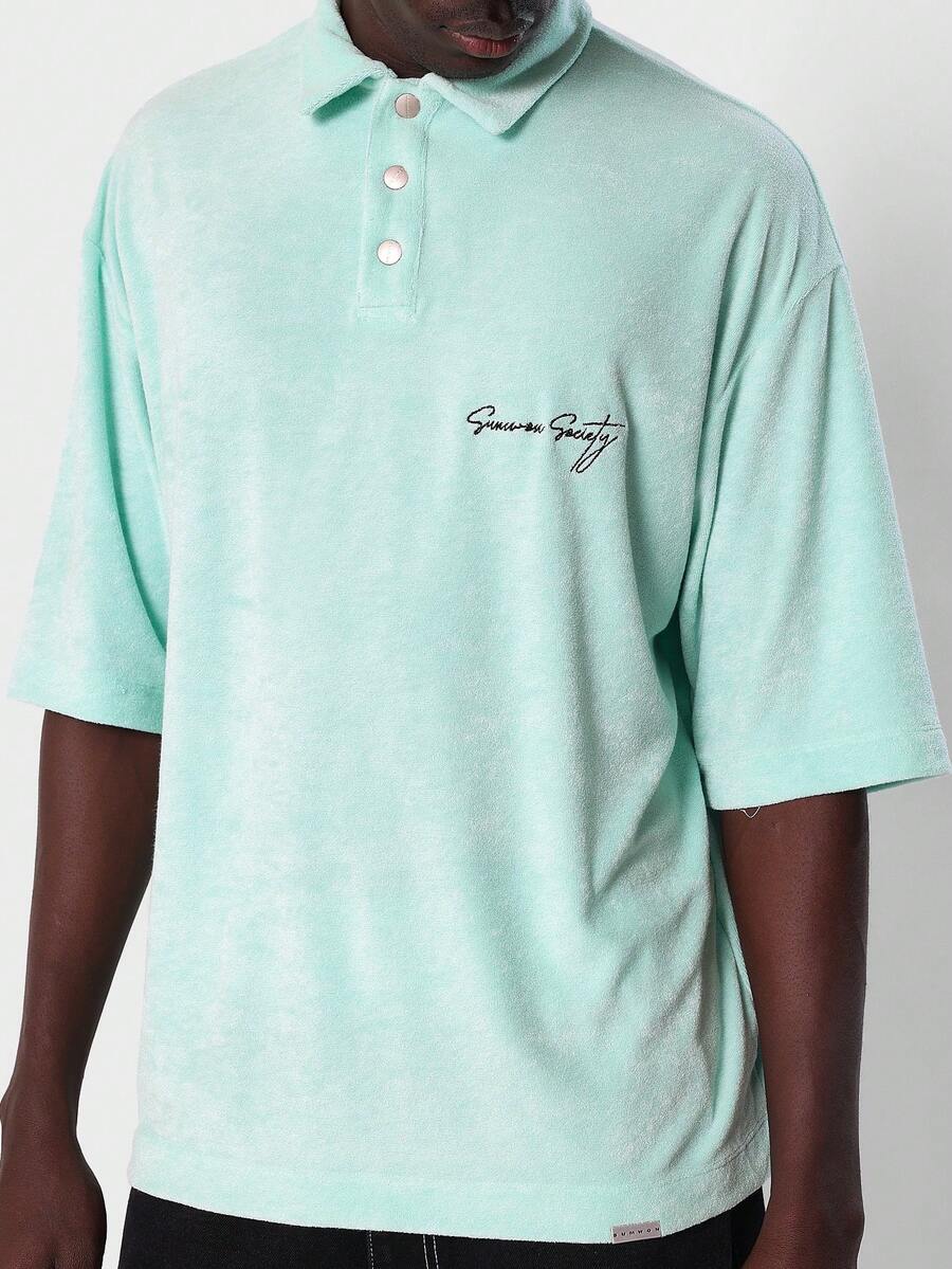 SUMWON Oversized Fit Towelling Polo Shirt With Embroidered Letter ...