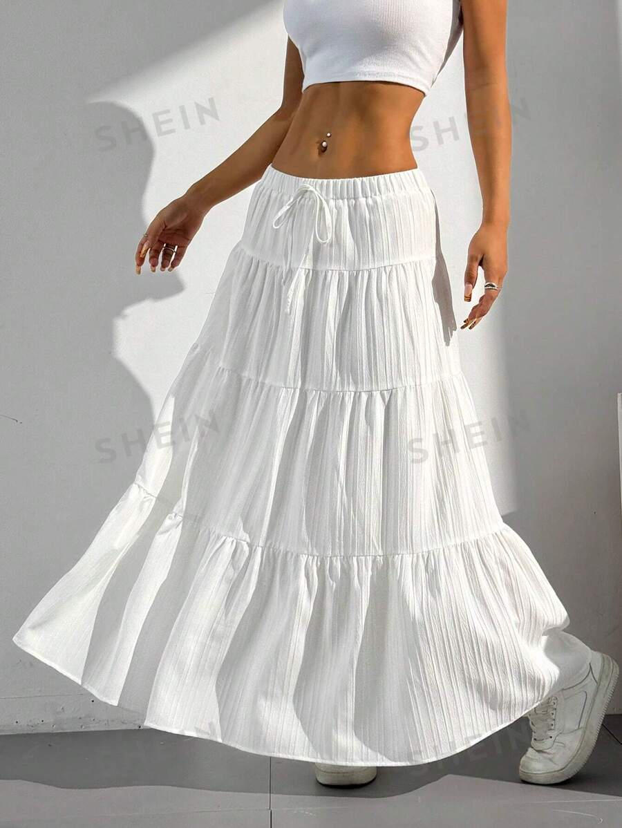 SHEIN EZwear Women Solid Color High Waist Tie Ruffled Hem Maxi Skirt ...