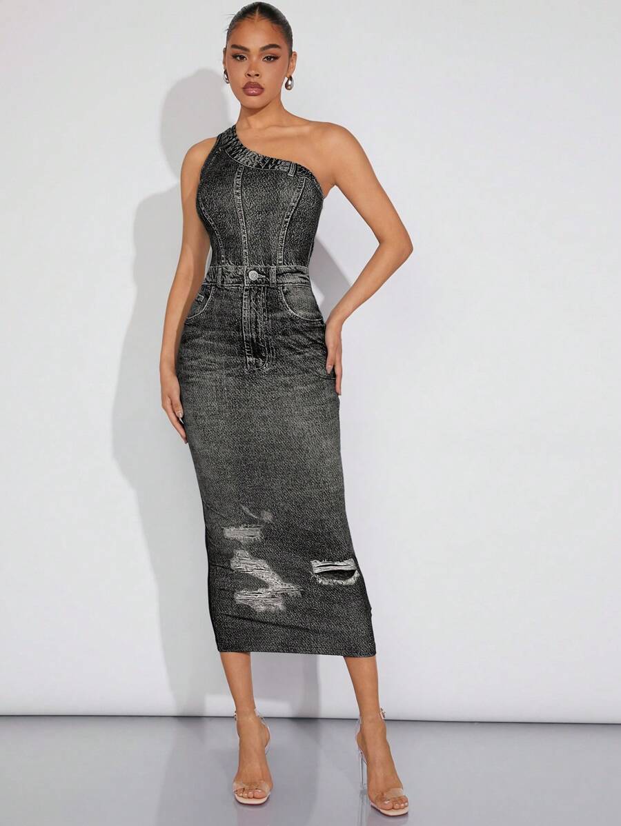 Denimoi One Shoulder Denim-Effect Print Dress | SHEIN USA
