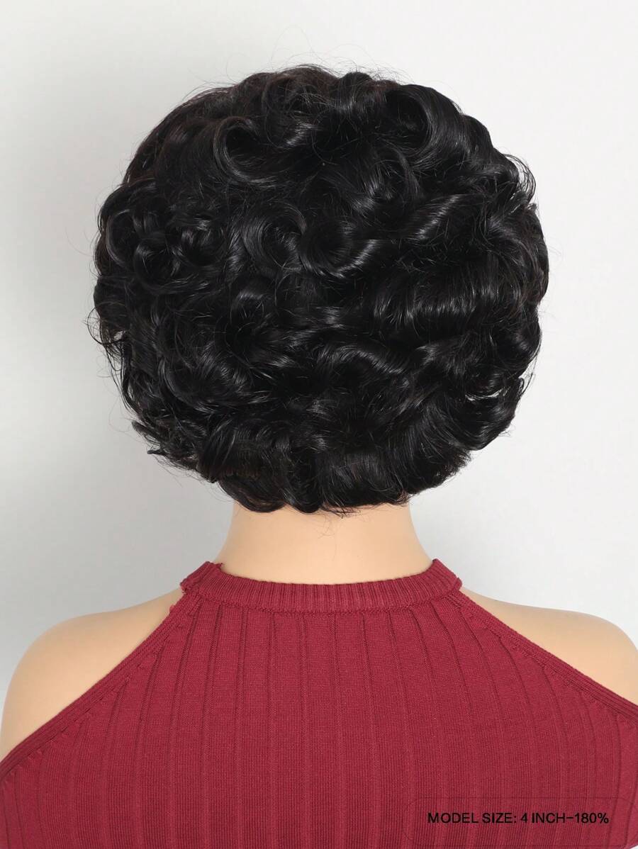 Perruque femme cheveux naturels noirs, coupe pixie bouclée courte ...
