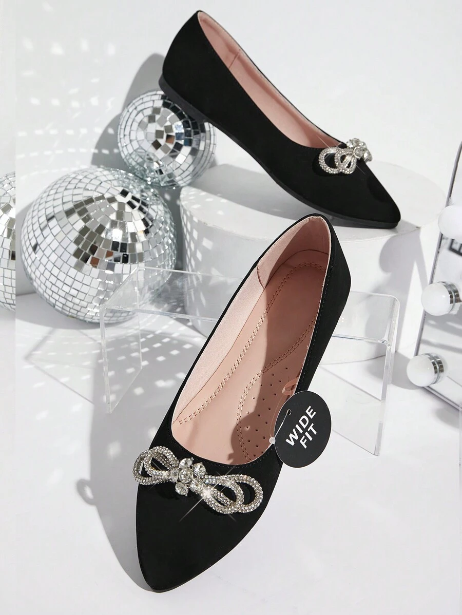 SHUZIA Wide Fit Women's Rhinestone Bow Pointed Toe Nub Black Flats ...