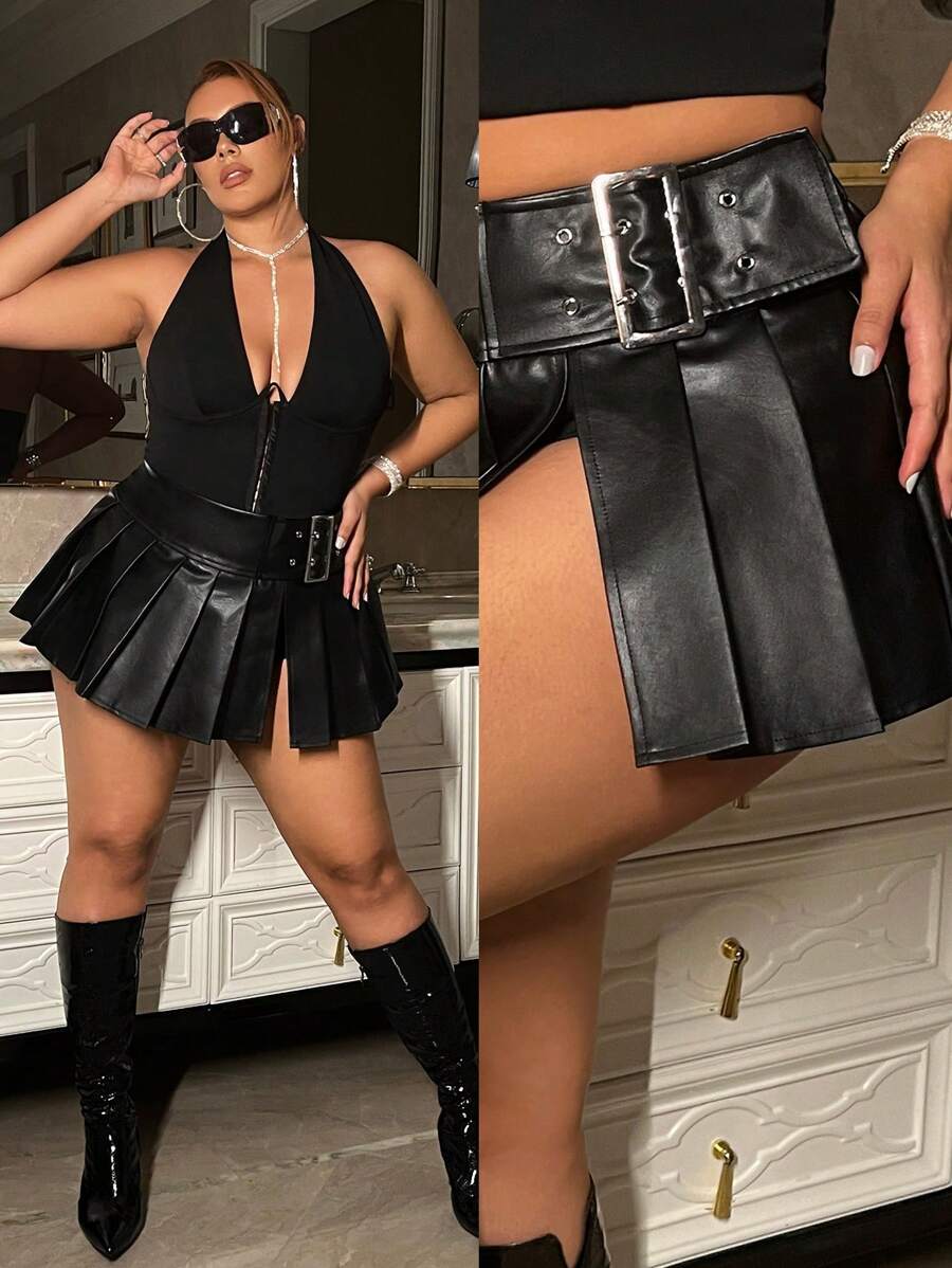 SHEIN ICON Plus Size Wide Waistband High Slit Wide Pleated Skirt With ...