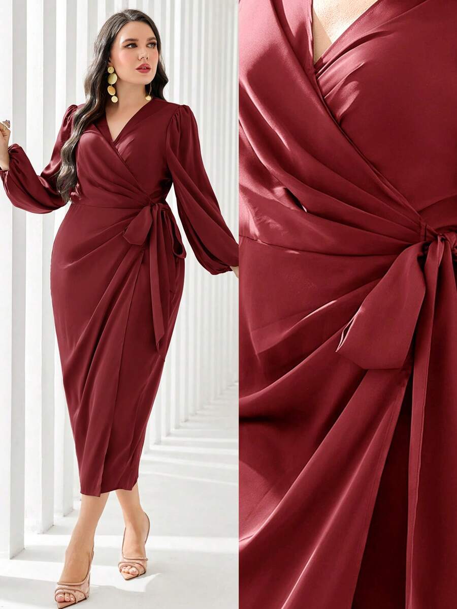 Modelyn Burgundy Red Plus Lantern Sleeve Knot Side Wrap Dress | SHEIN UK