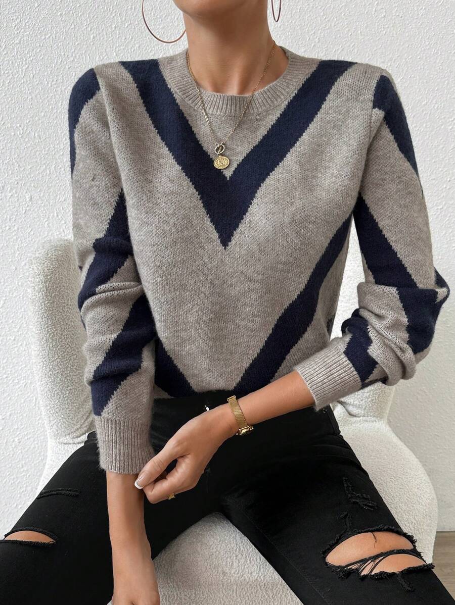 SHEIN LUNE 2024 Autumn/Winter New Arrivals Geometric Striped Pullover ...