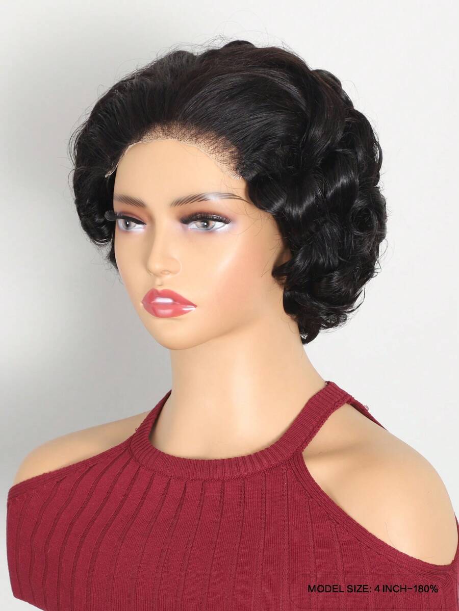 Perruque femme cheveux naturels noirs, coupe pixie bouclée courte ...