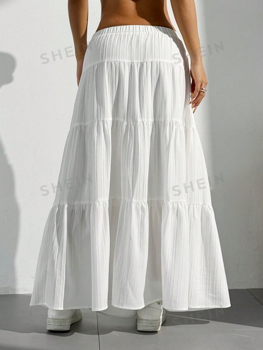 SHEIN EZwear Women Solid Color High Waist Tie Ruffled Hem Maxi Skirt ...