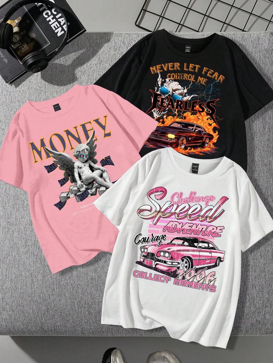 SHEIN EZwear 3pcs/Set Casual Plus Size Racer Angel Print Form-Fitting T ...