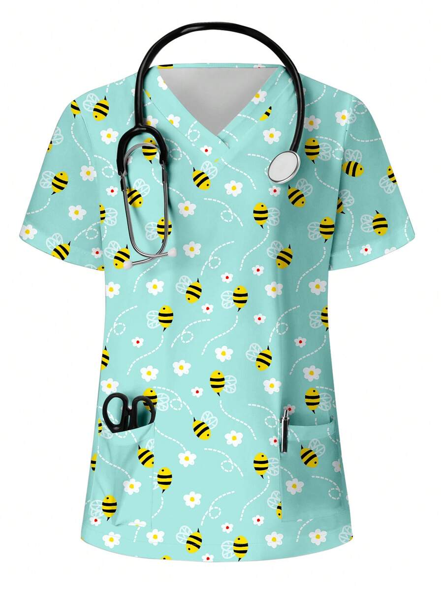 PopScrub Ladies' V-Neck Short Sleeve Pocket Cartoon Bee & Floral ...