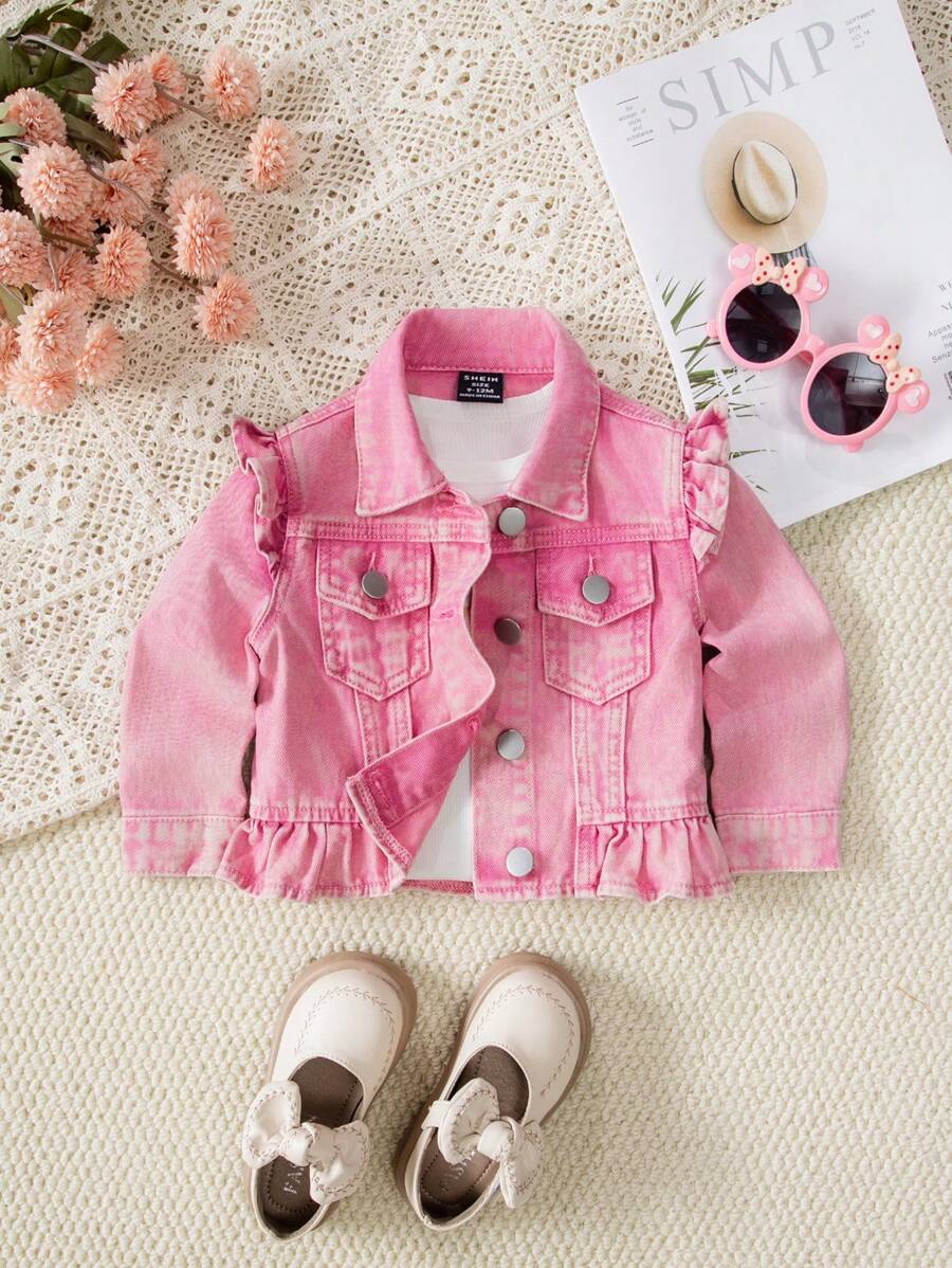 Baby Girl Fashionable Washed Denim Jacket With Ruffle Design, Pink ...