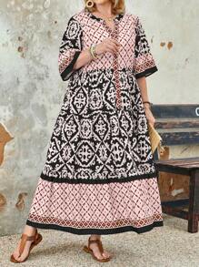 Plus Size Casual Colorblock & Random Print Long Dress | SHEIN USA