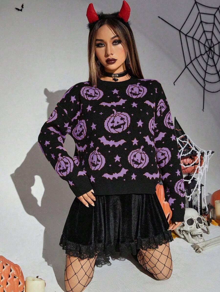 PUNK Damen Halloween Pullover mit Kürbis- und Fledermaus Muster ...
