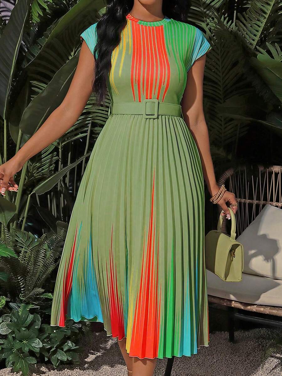 SHEIN Unity Colorblock Casual Pleated Hem Belted Dress For Summer Maxi ...
