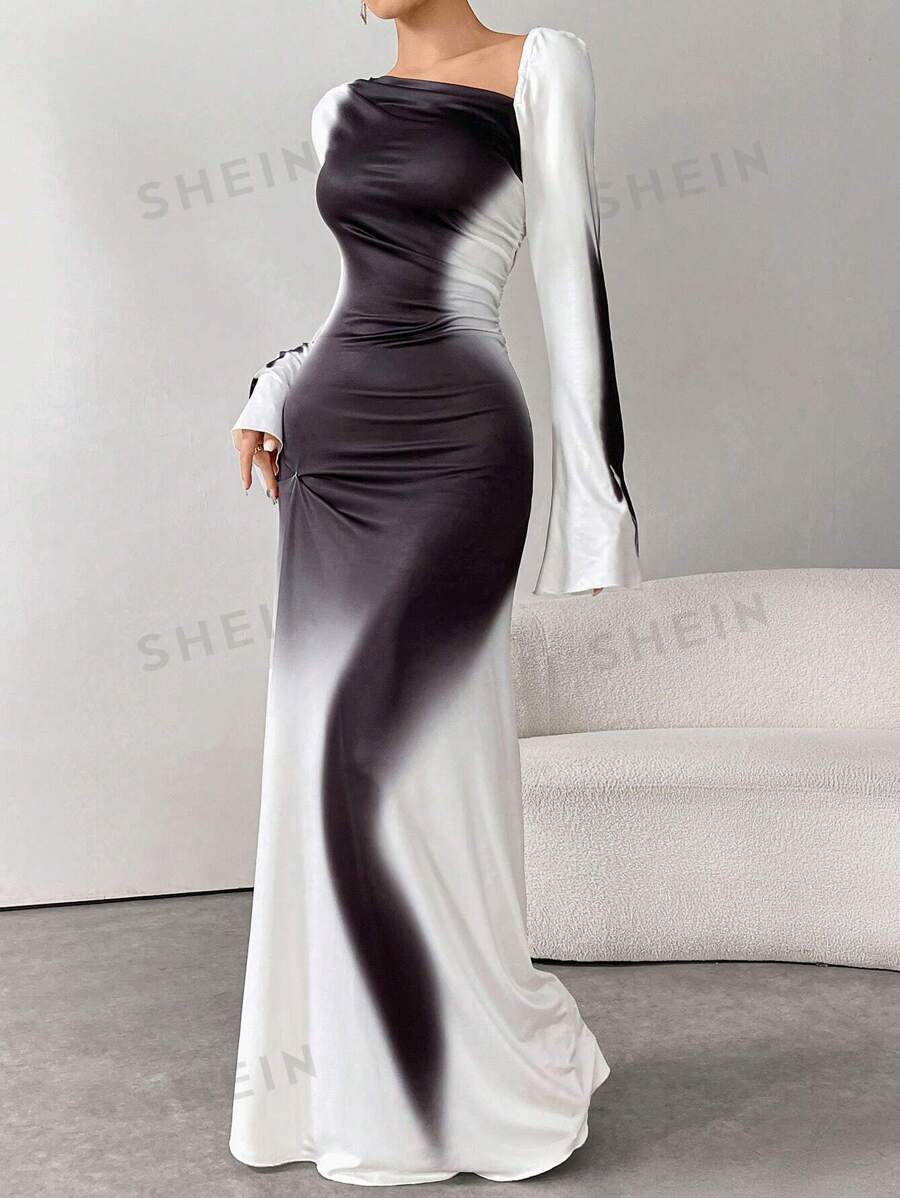 SHEIN Modely Vestido con cuello asimétrico degradado elegante para dama ...