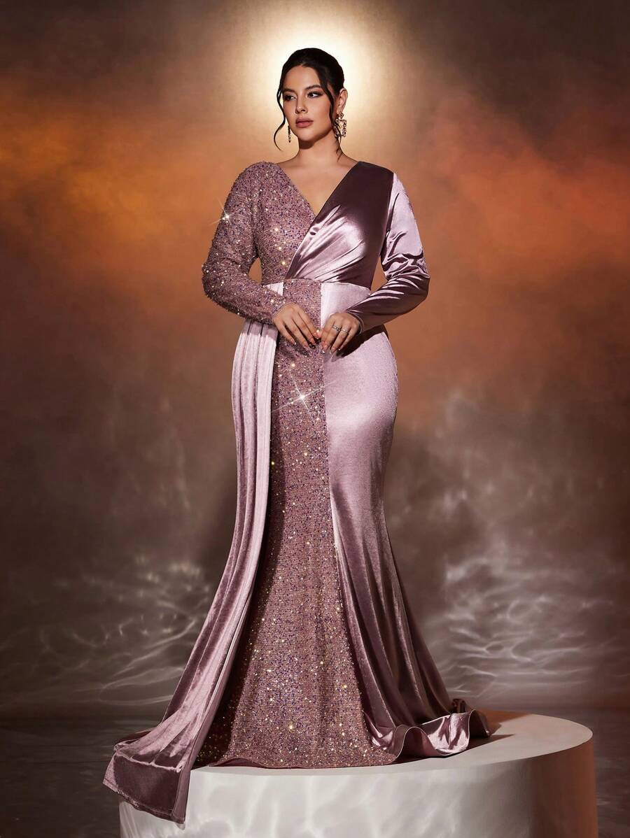 Glamrae Plus Size Lotus Root Pink Splicing Sequins Asymmetrical Side ...