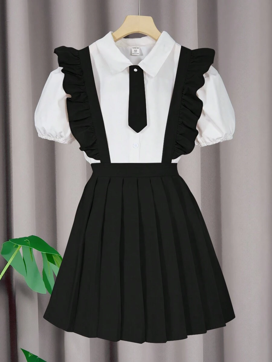 SHEIN Tween Girl Shirt With Bow Tie And Suspender Skirt School Uniform ...