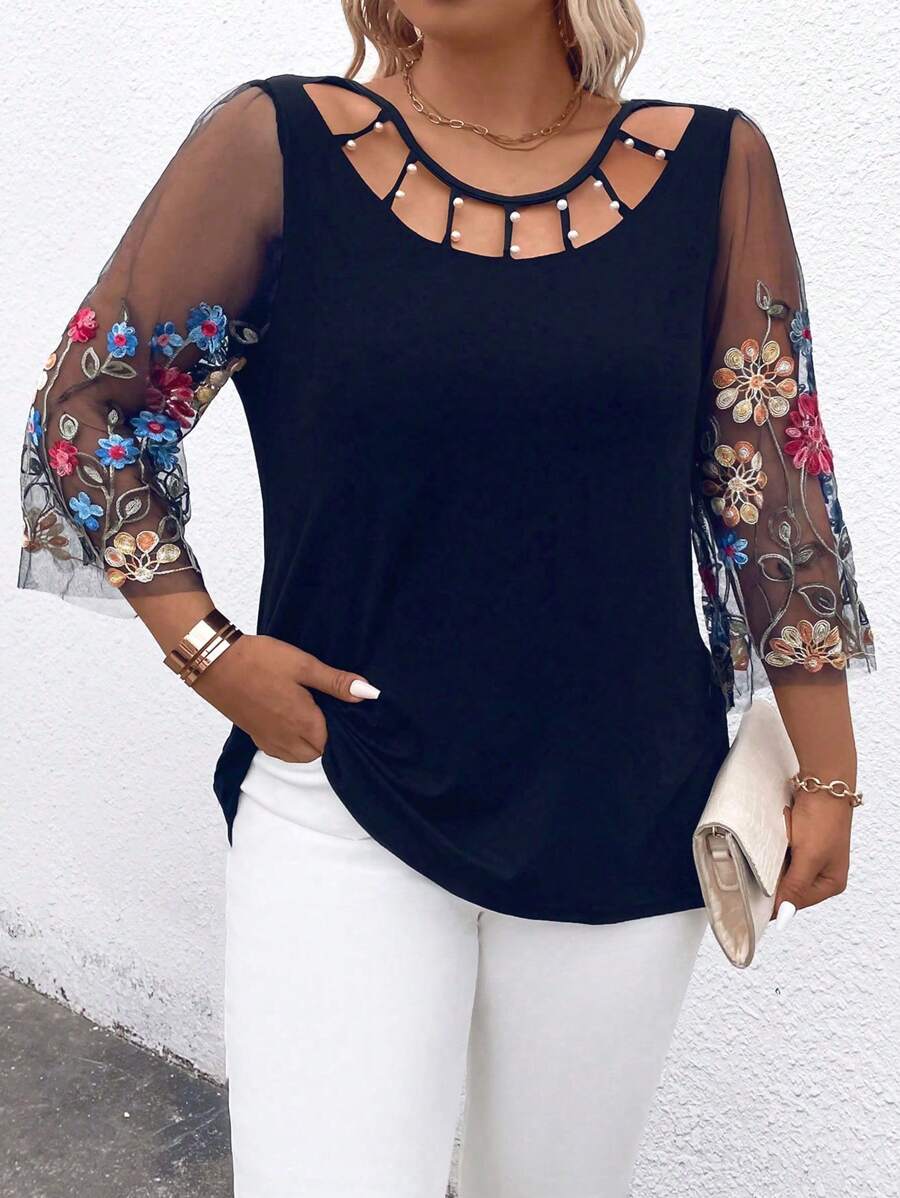 Plus Size Women's Spring & Summer Casual Floral Embroidered Mesh ...