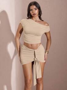 SHEIN BAE 2pcs Women's Coffee Brown Asymmetrical Shoulder Short Sleeve ...