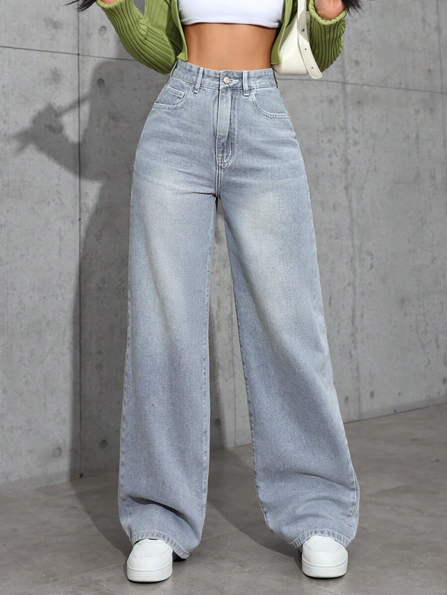 SHEIN EZwear Women's Pocketed Wide Leg Relaxed Casual Denim Jeans ...