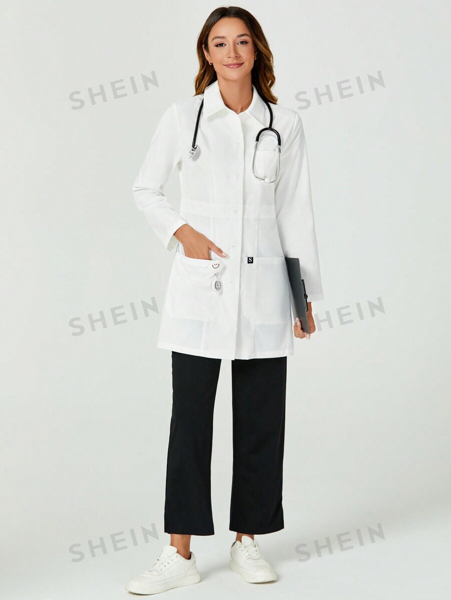 SHEIN TaskFit Frosted Nurse Uniform With Contrasting White Coat Long ...