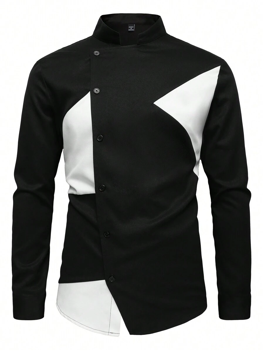 Manfinity Mode Camisa casual de manga larga con cuello de pie y botones ...