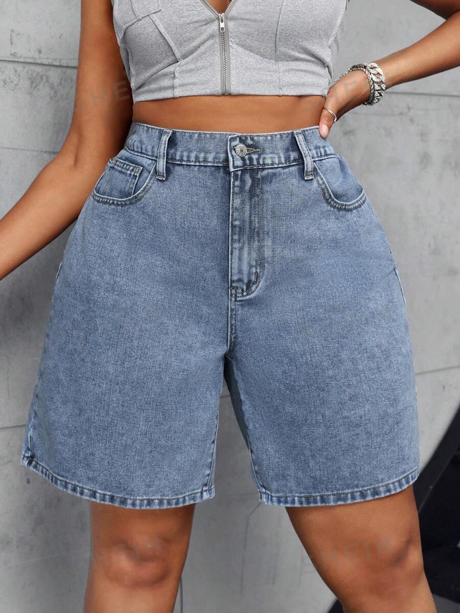 SHEIN SXY Bermudas de mezclilla de talle medio sin estiramiento con ...