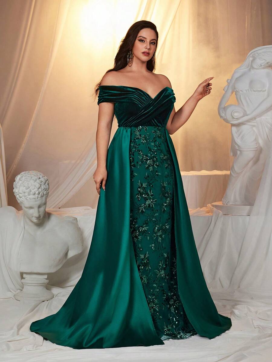 Glamrae Plus Size Emerald Green Luxury Sequin Satin Fishtail Maxi ...
