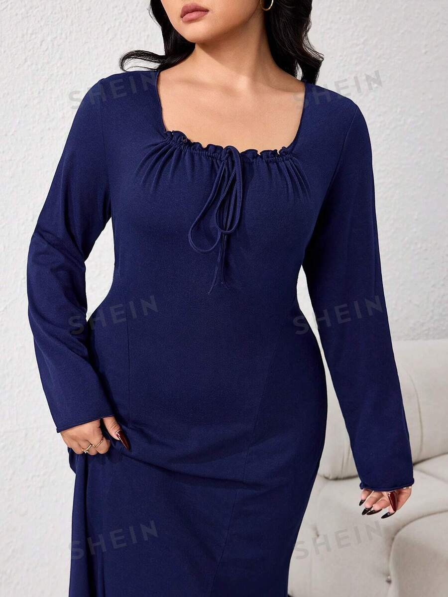 SHEIN Mulvari Vestido Maxi Sereia de Cor Sólida e Elegante em Plus Size ...