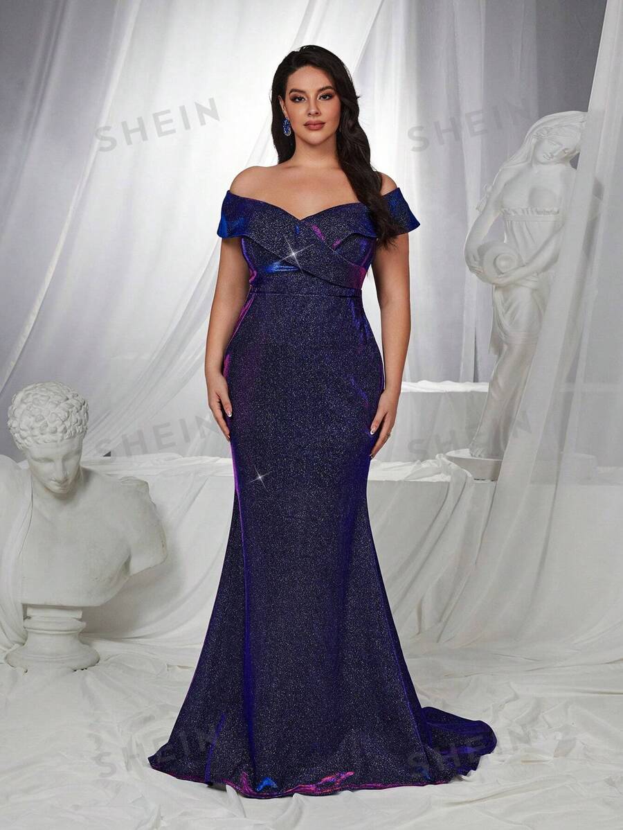 SHEIN Belle Plus Size Black Ombre Metallic Thread Open Shoulder Mermaid Style Elegant Evening ...